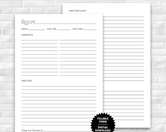 Printable A4 Recipe Page With Plate Design, Fillable Form Recipe Page ...