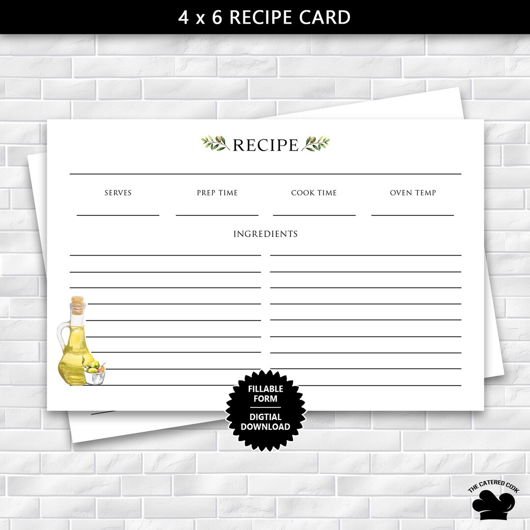Printable 4 X 6 Recipe Card With Olive Oil Design, Fillable Form Recipe ...