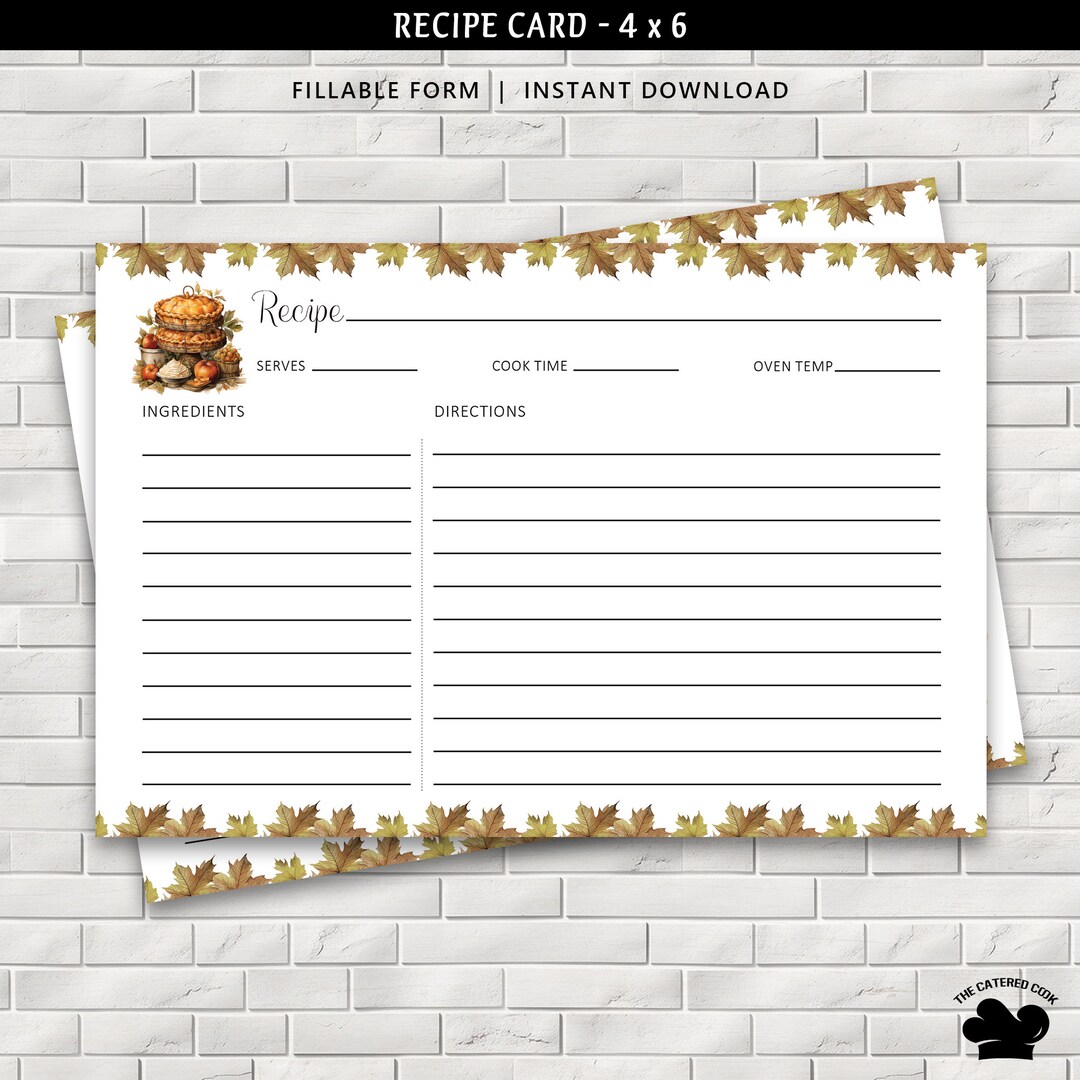 Printable 4 X 6 Recipe Card With Dessert Pies, Fillable Recipe Card ...