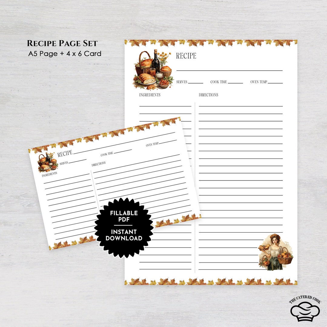 Printable A5 Recipe Page and Card Set With Food Basket and Drink ...
