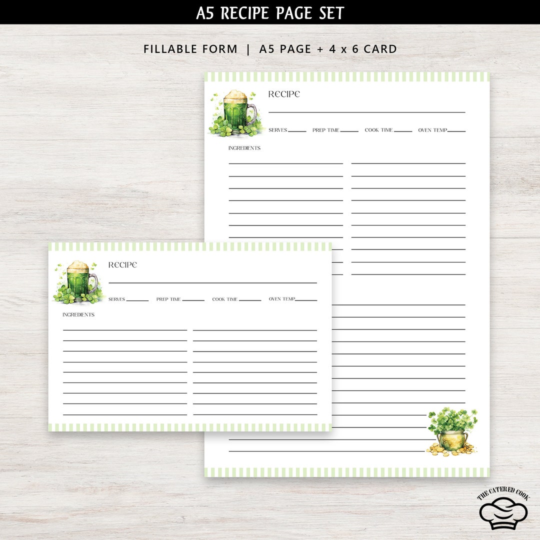 Printable A5 Recipe Page and Card Set With St. Patrick's Day Green Beer ...