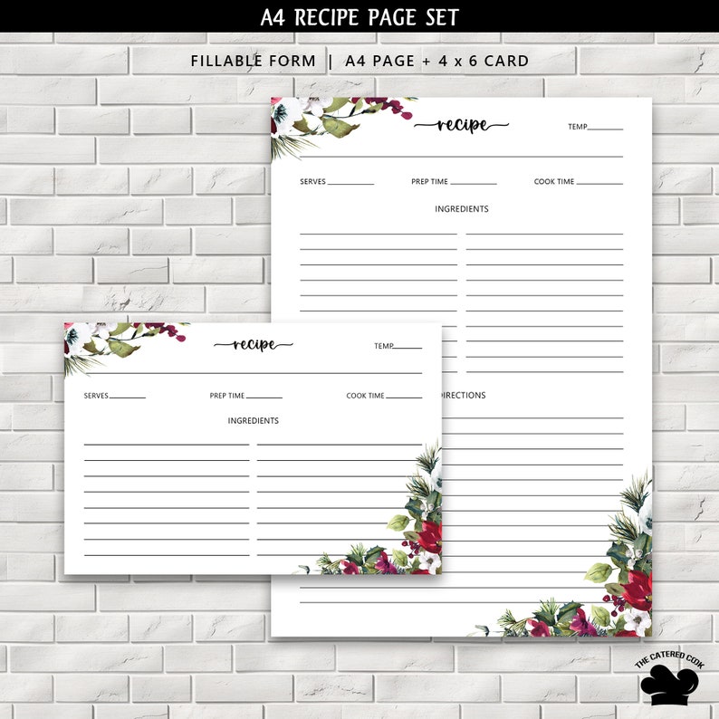 Printable A4 Recipe Page and Card Set With Red Flower Corners, Fillable ...