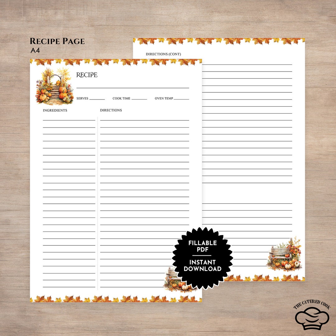 Printable A4 Recipe Page With a Fall Pumpkin Design Fillable - Etsy