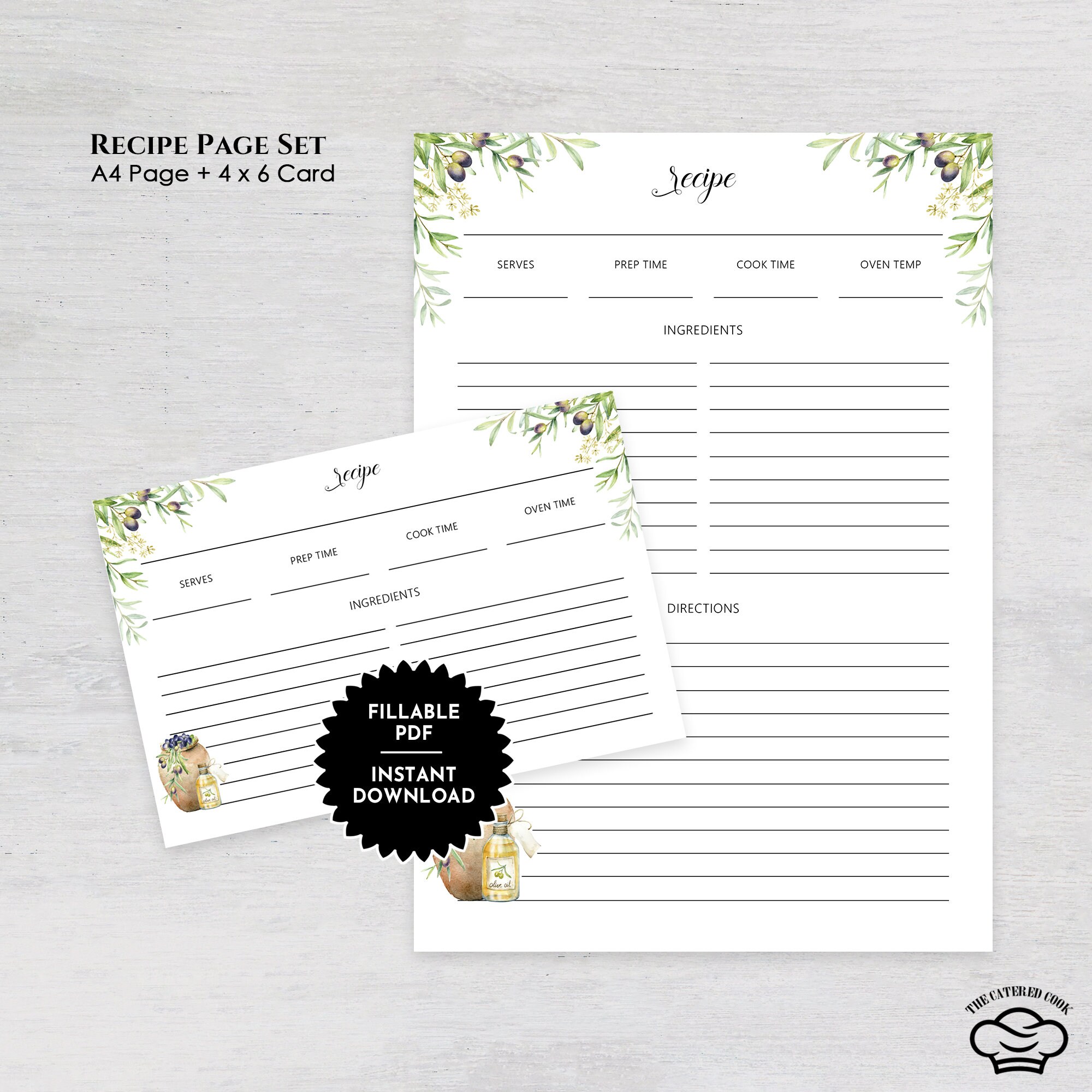 Printable A4 Recipe Page and Card Set With Olive Tree Design, Fillable ...