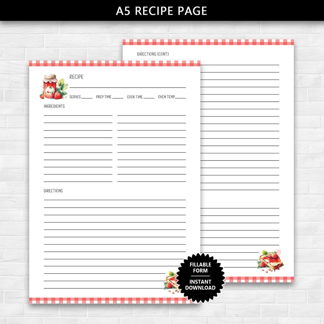Printable A5 Recipe Page With a Strawberry Jam Design, Fillable Recipe ...