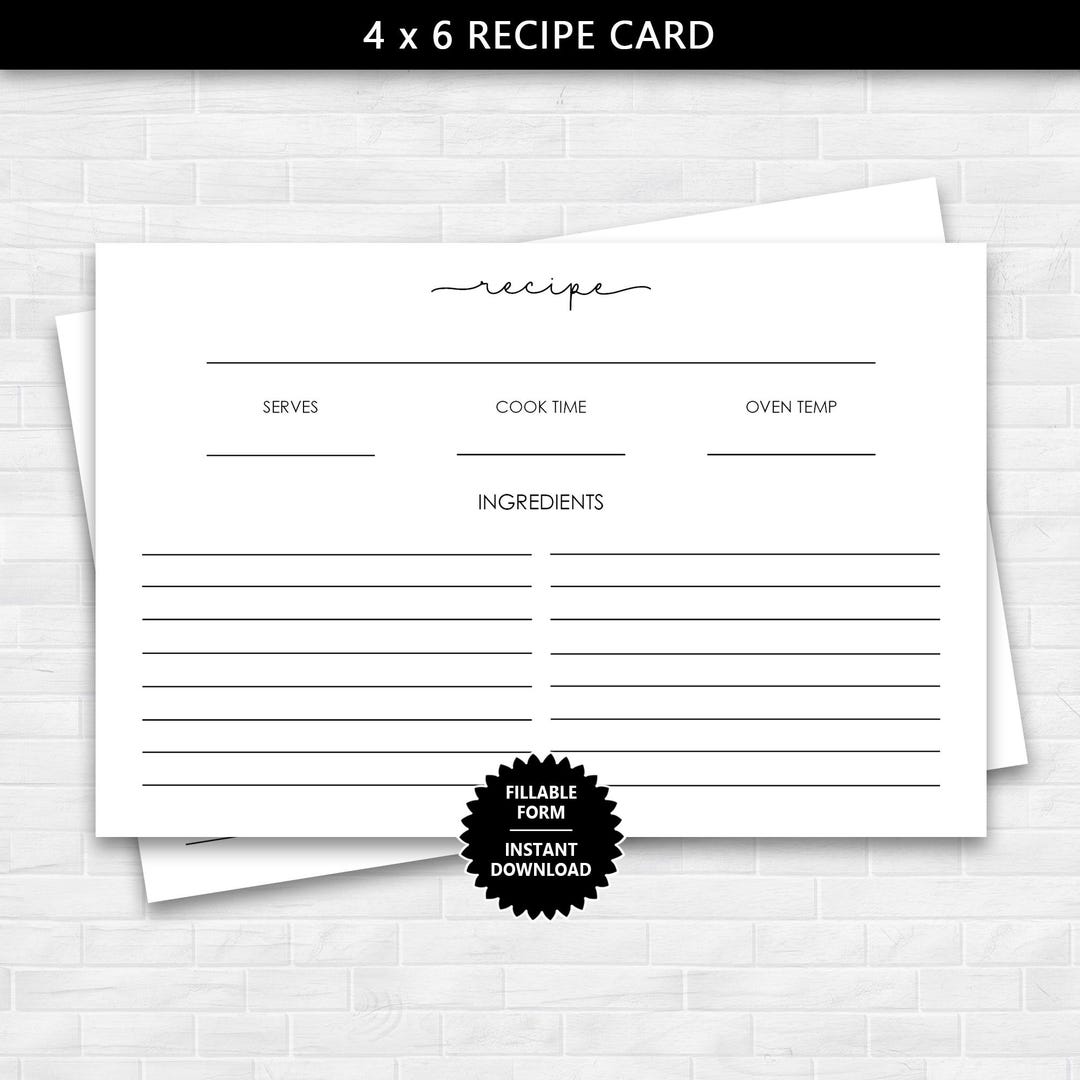 Printable 4 X 6 Recipe Card With a Fancy Style Title, Fillable Form ...