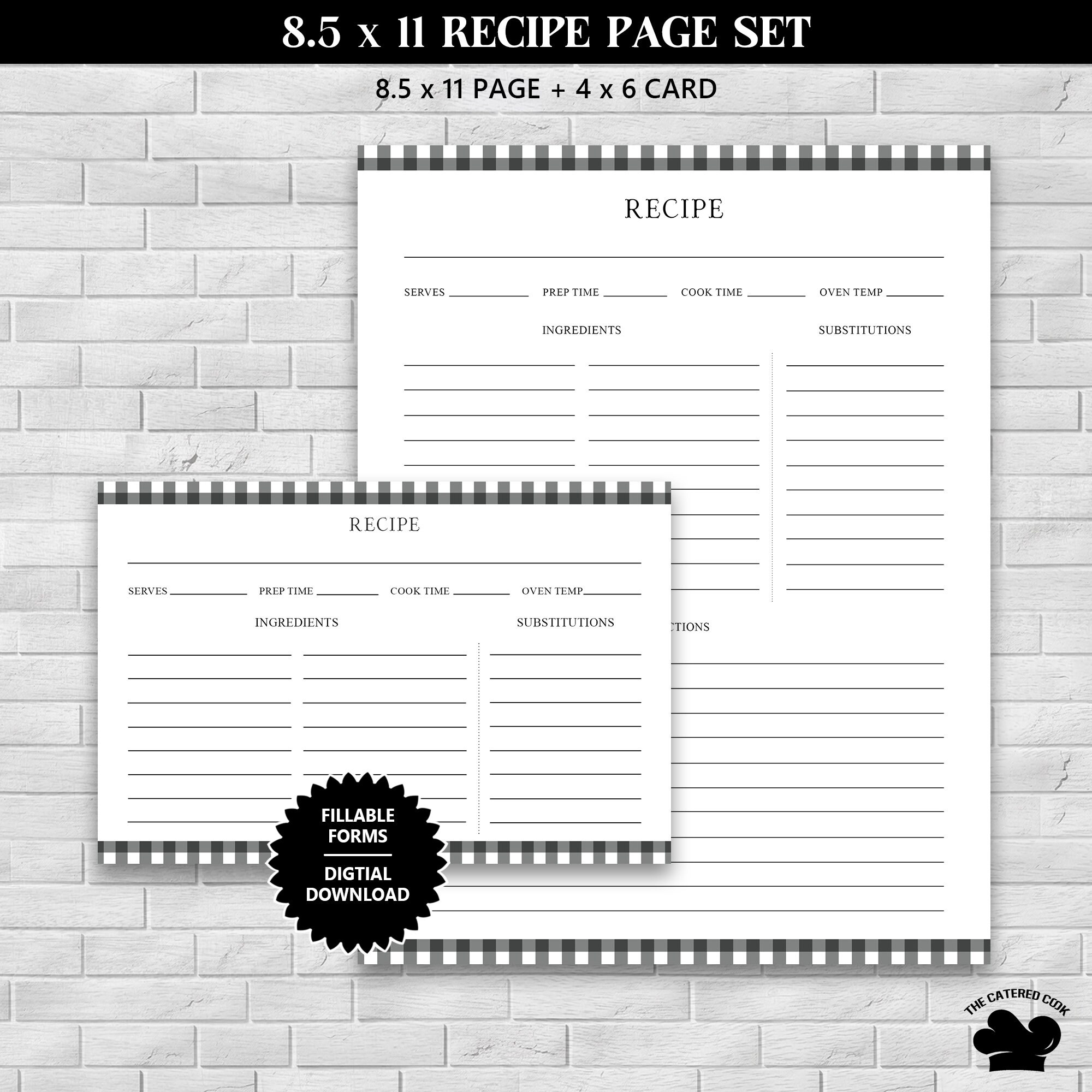 Printable 8.5 X 11 Recipe Page and Card Set With a Gingham Border ...