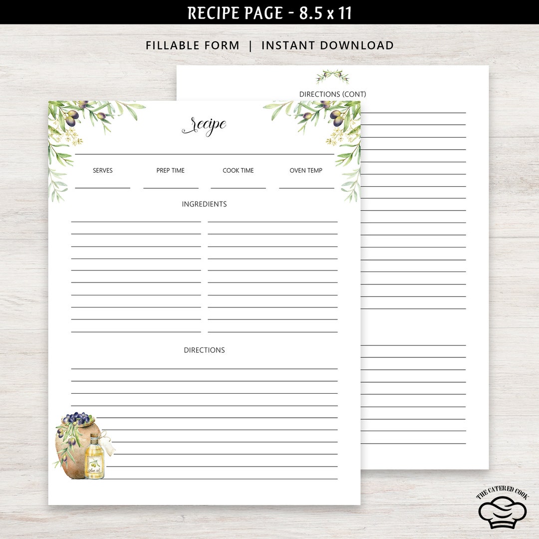 Printable 8.5 X 11 Recipe Page With Olive Tree Design, Fillable Recipe ...