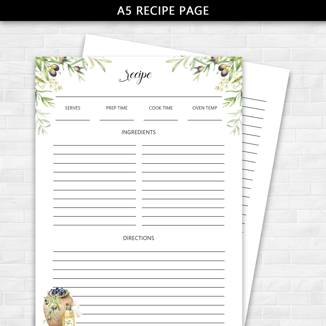 Printable A5 Recipe Page With Olive Tree Design, Fillable Recipe Page ...
