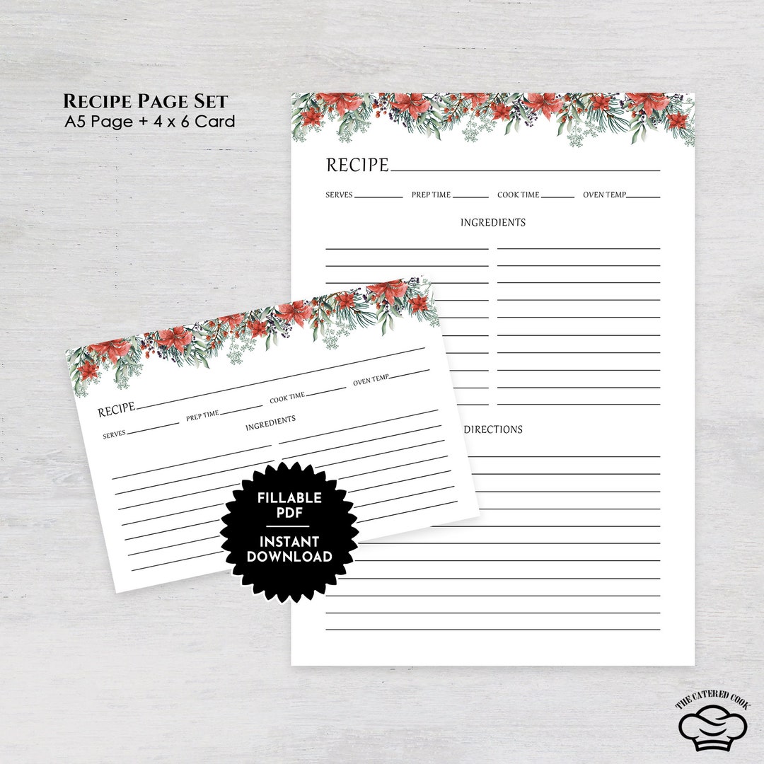 Printable A5 Recipe Page and Card Set With Red Floral Header, Fillable ...