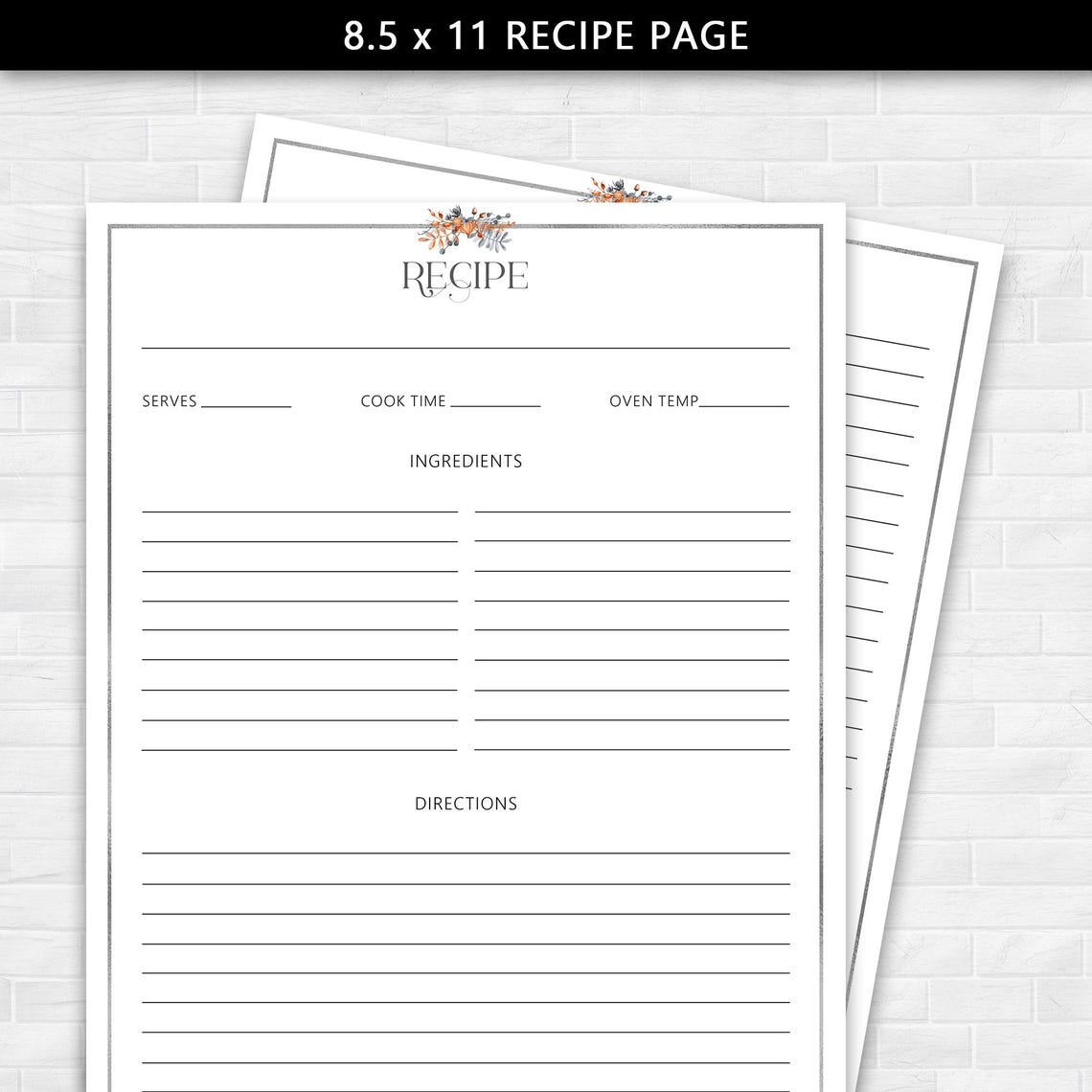 8.5 X 11 Recipe Page With a Touch of Fall Border, Fillable Form Recipe ...