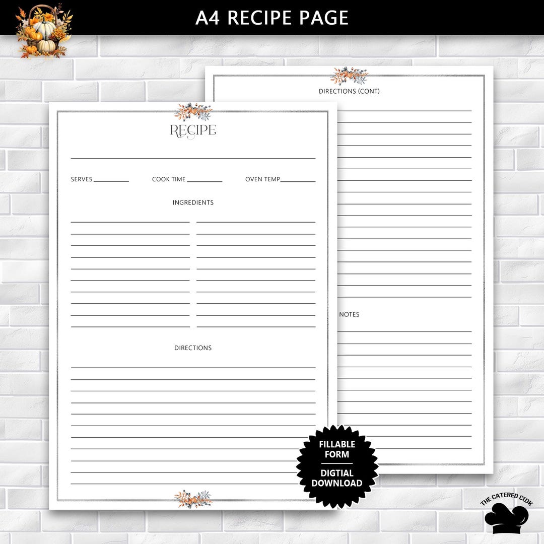 Printable A4 Recipe Page With a Touch of Fall, Fillable A4 Recipe Page ...