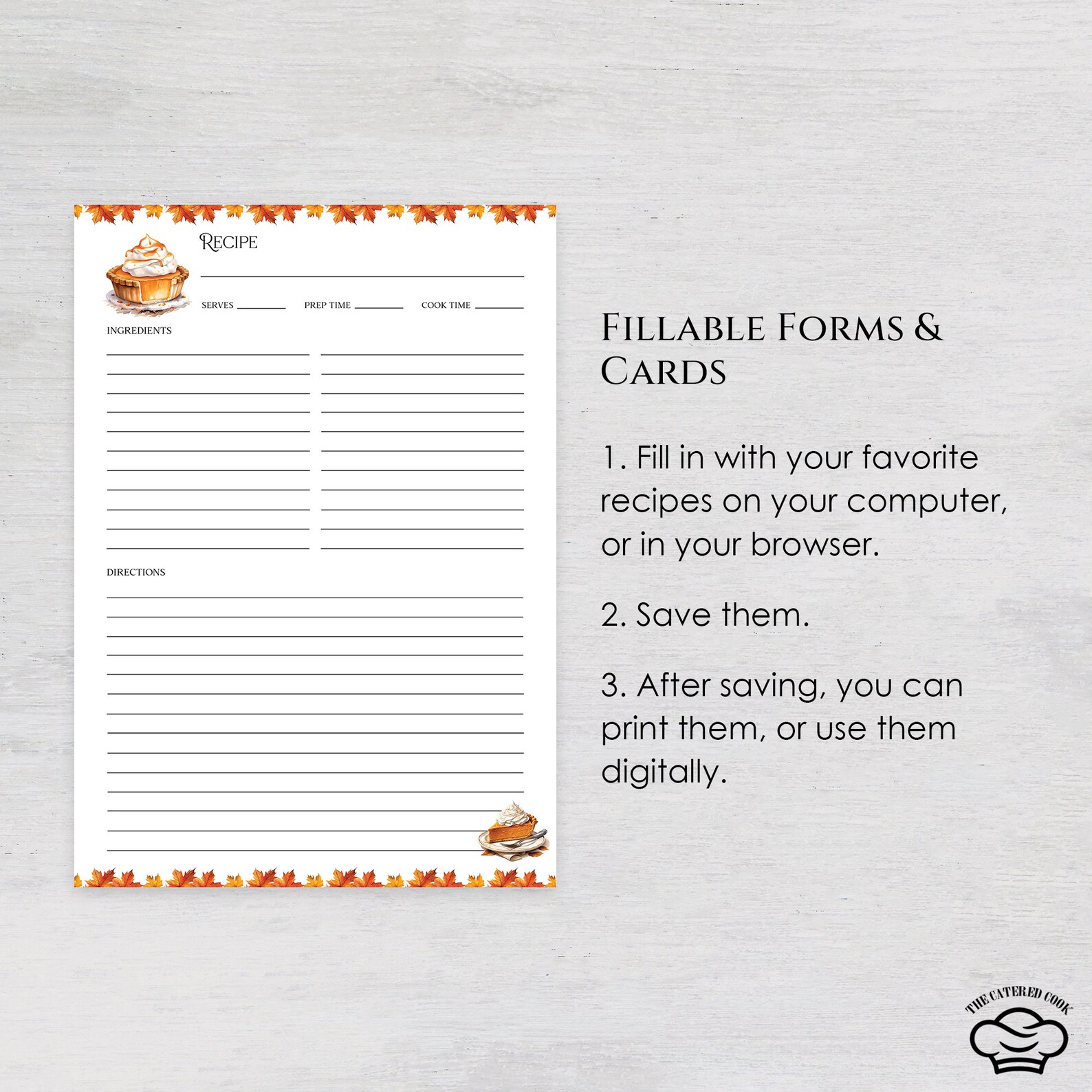 Printable A4 Recipe Page and Card Set With Pumpkin Pie Design, Fillable ...