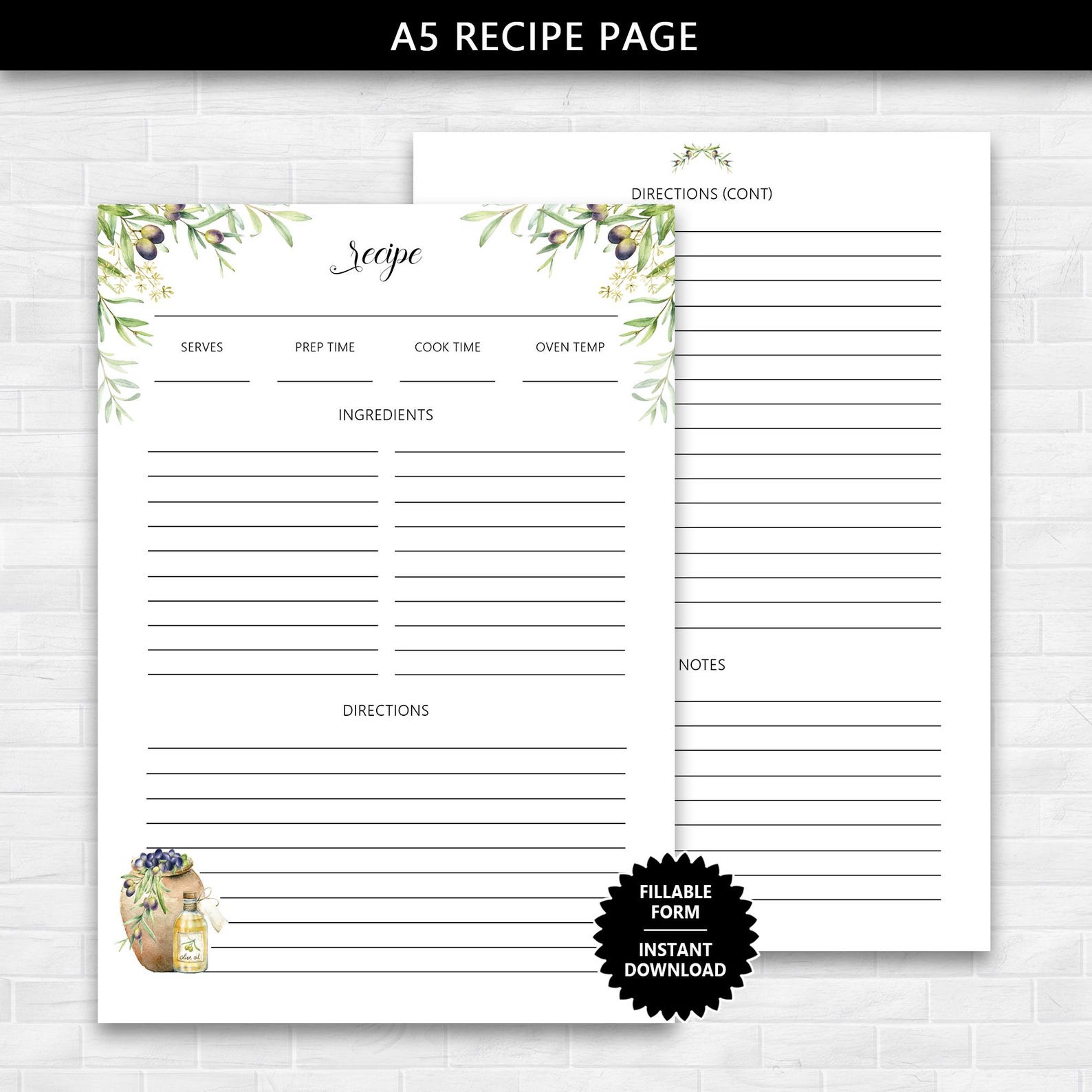 Printable A5 Recipe Page With Olive Tree Design, Fillable Recipe Page ...
