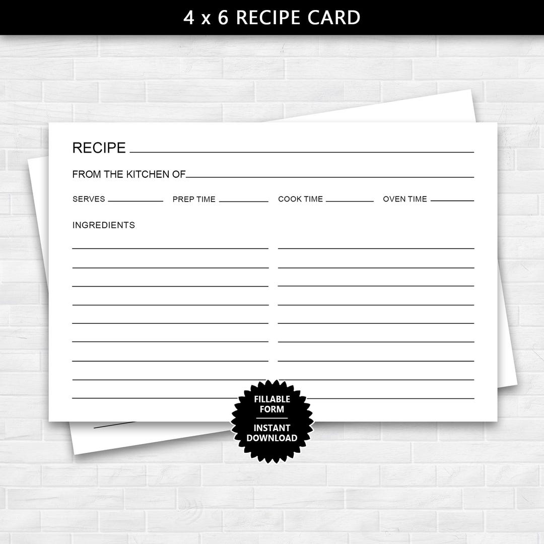 4 X 6 Recipe Card With a Plain Font Style, Fillable Form Recipe Card ...