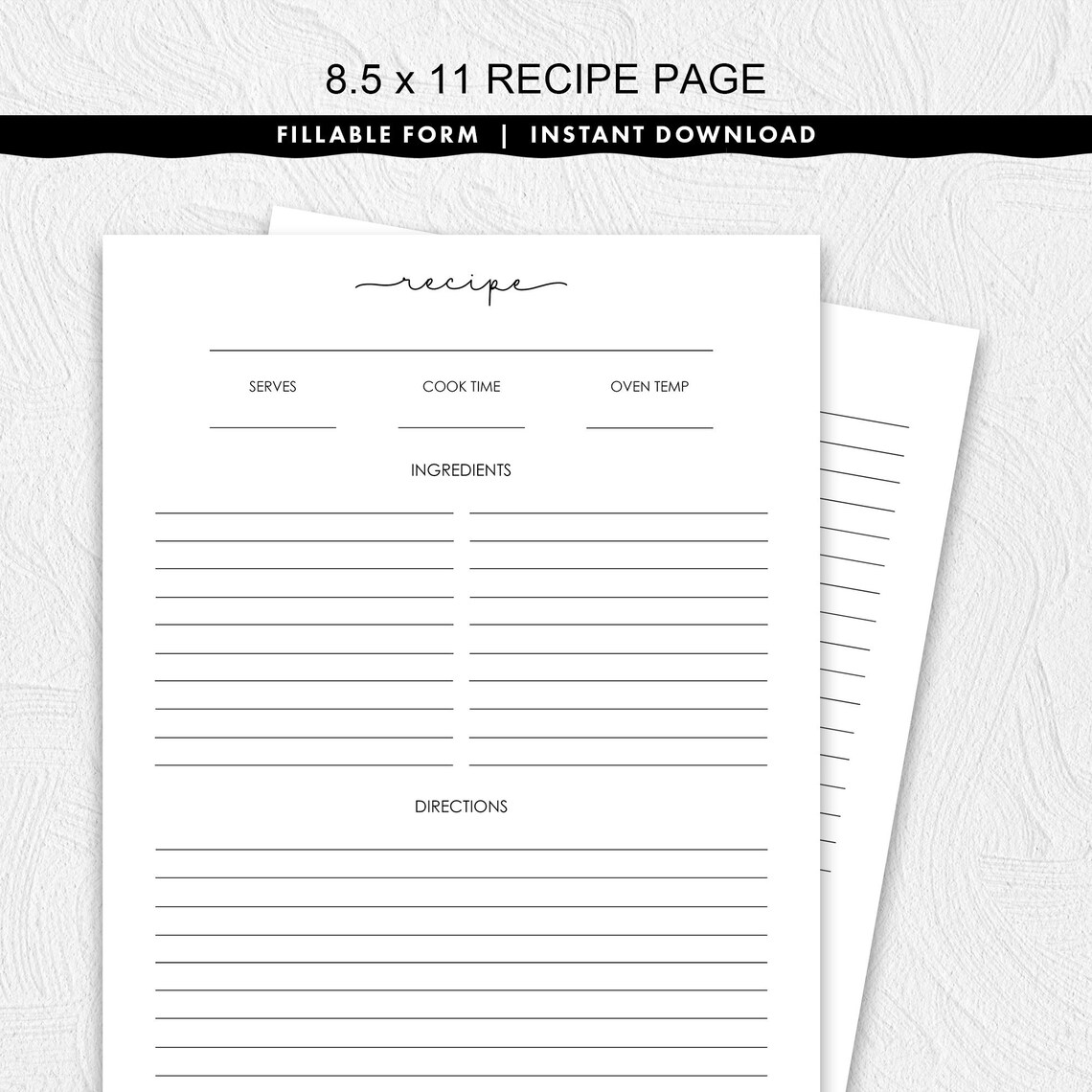 Fillable 8.5 X 11 Recipe Page With a Fancy Style Title, Printable ...