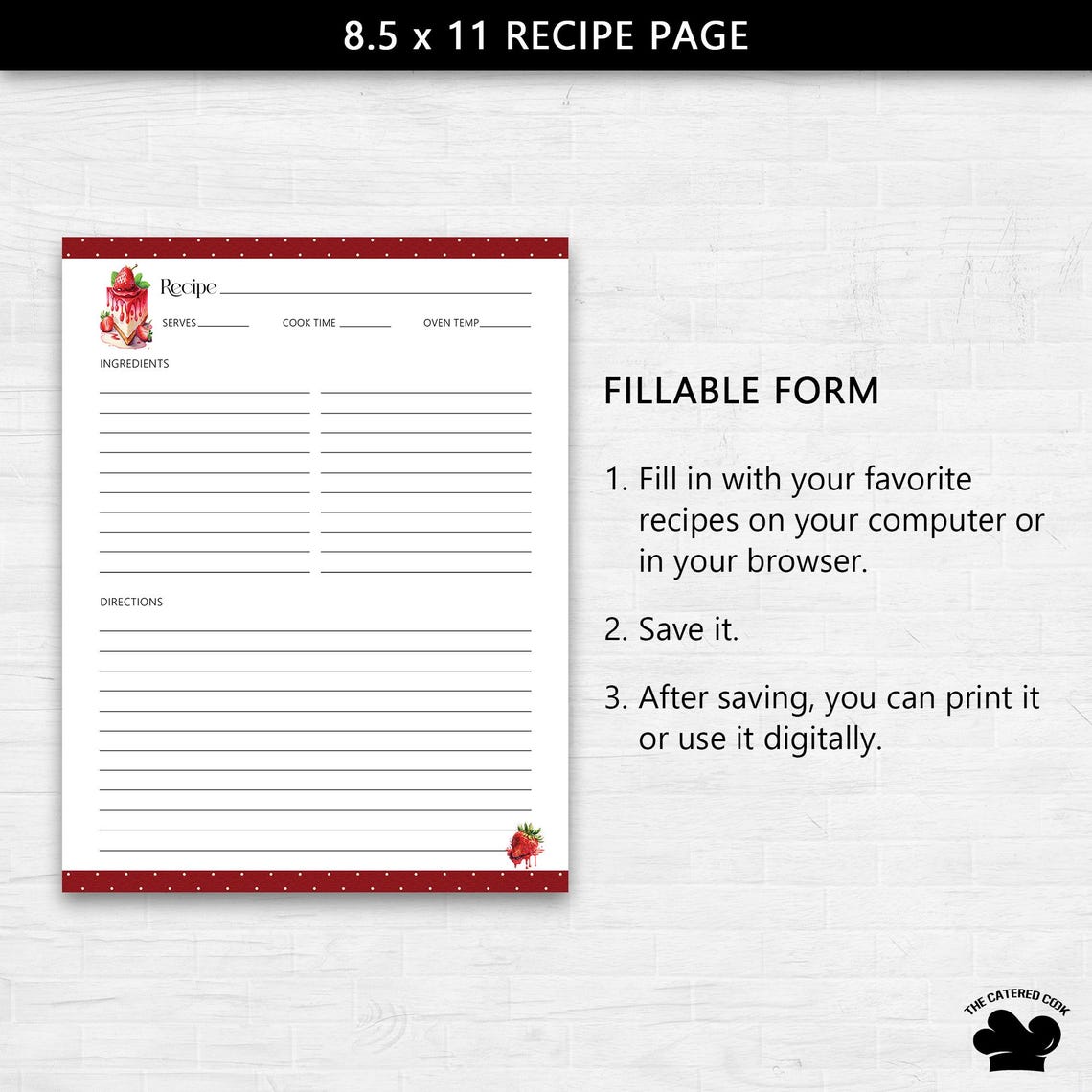 Printable 8.5 X 11 Recipe Page With Strawberry Cheesecake, Fillable ...