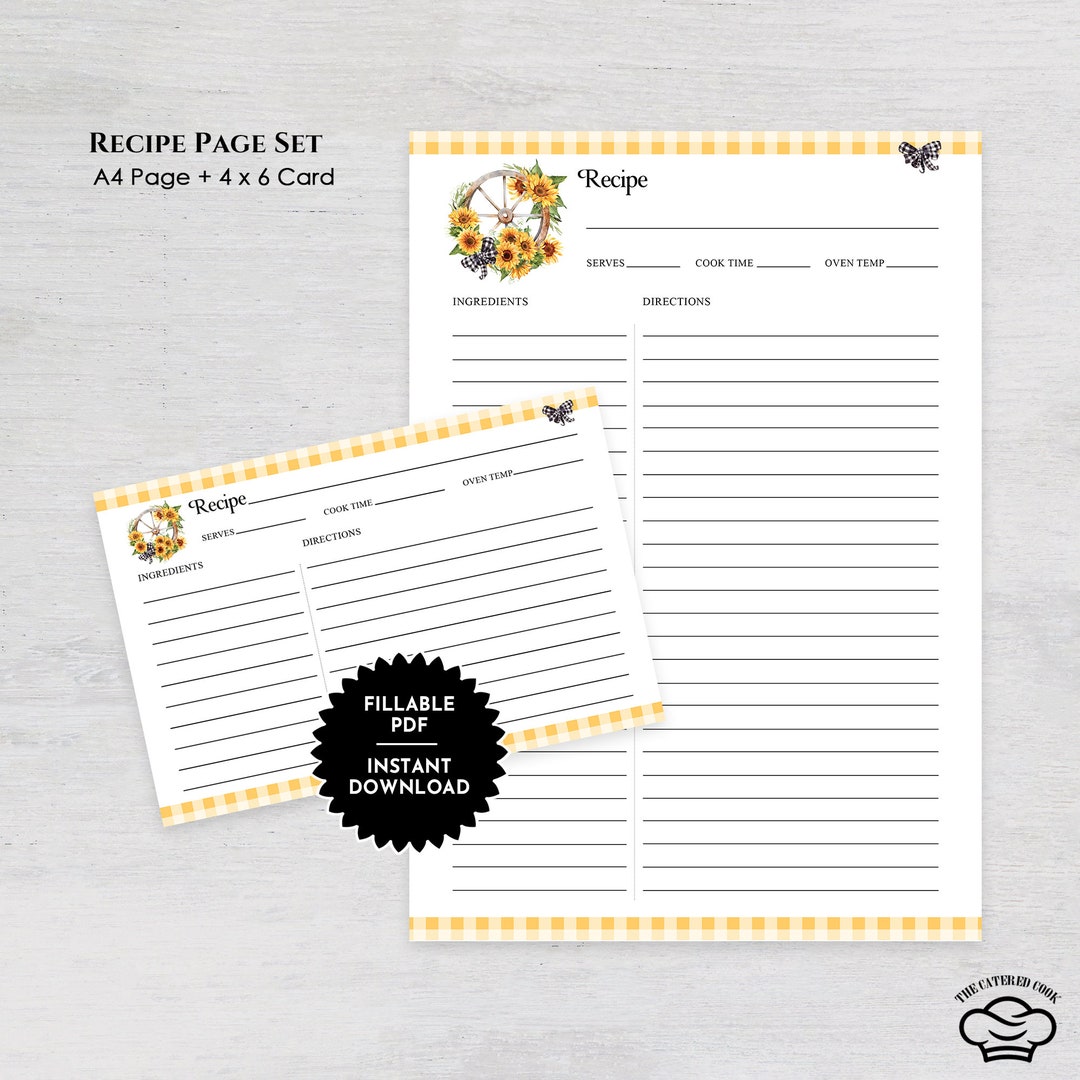 Printable A4 Recipe Page and Card Set With Farmhouse Sunflowers ...