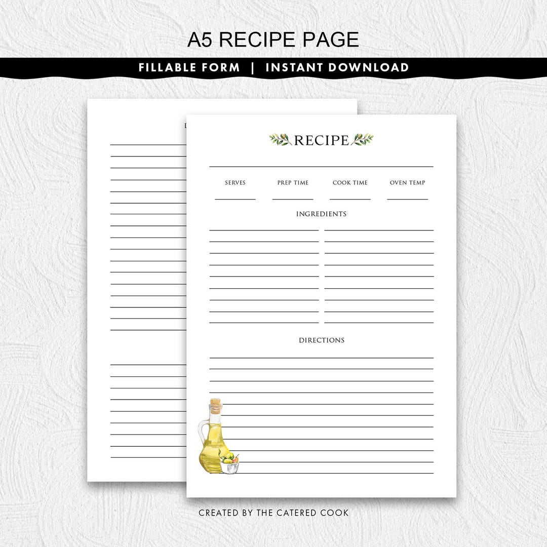 Fillable A5 Recipe Page With Olive Oil Design, Printable Instant ...