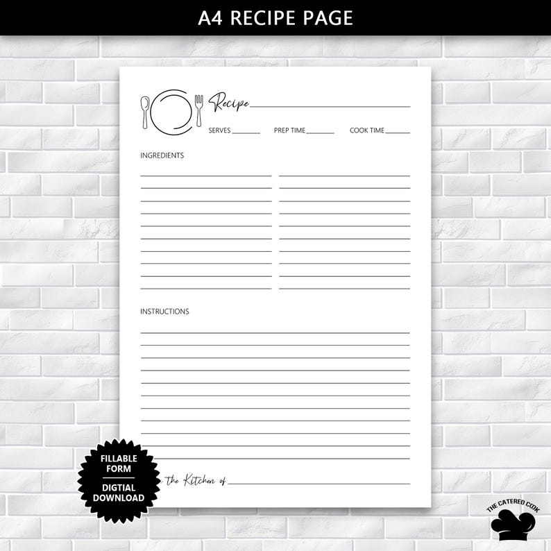 Printable A4 Recipe Page With Plate Design, Fillable Form Recipe Page ...