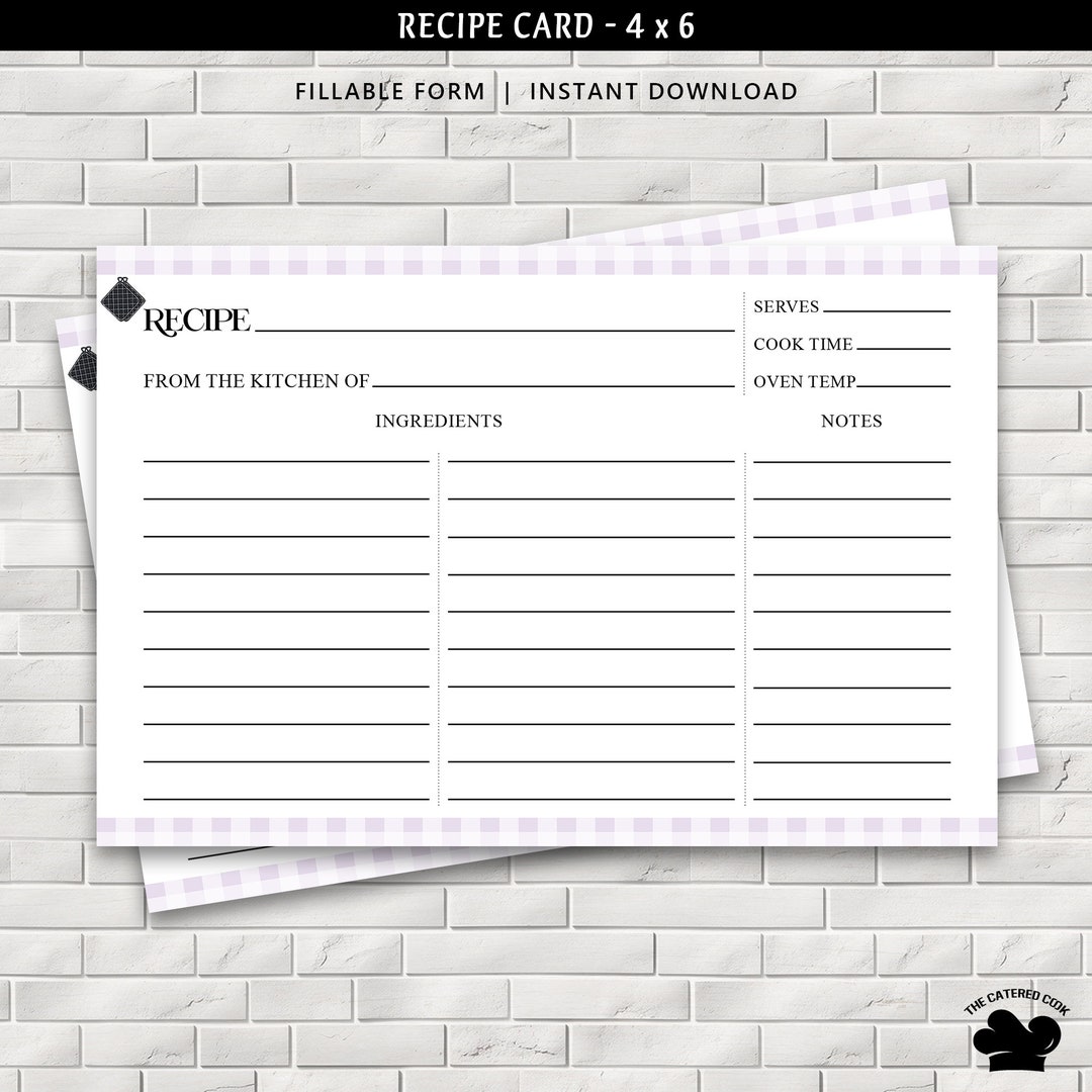 Printable 4 X 6 Recipe Card With Purple Gingham Border, Fillable Recipe ...