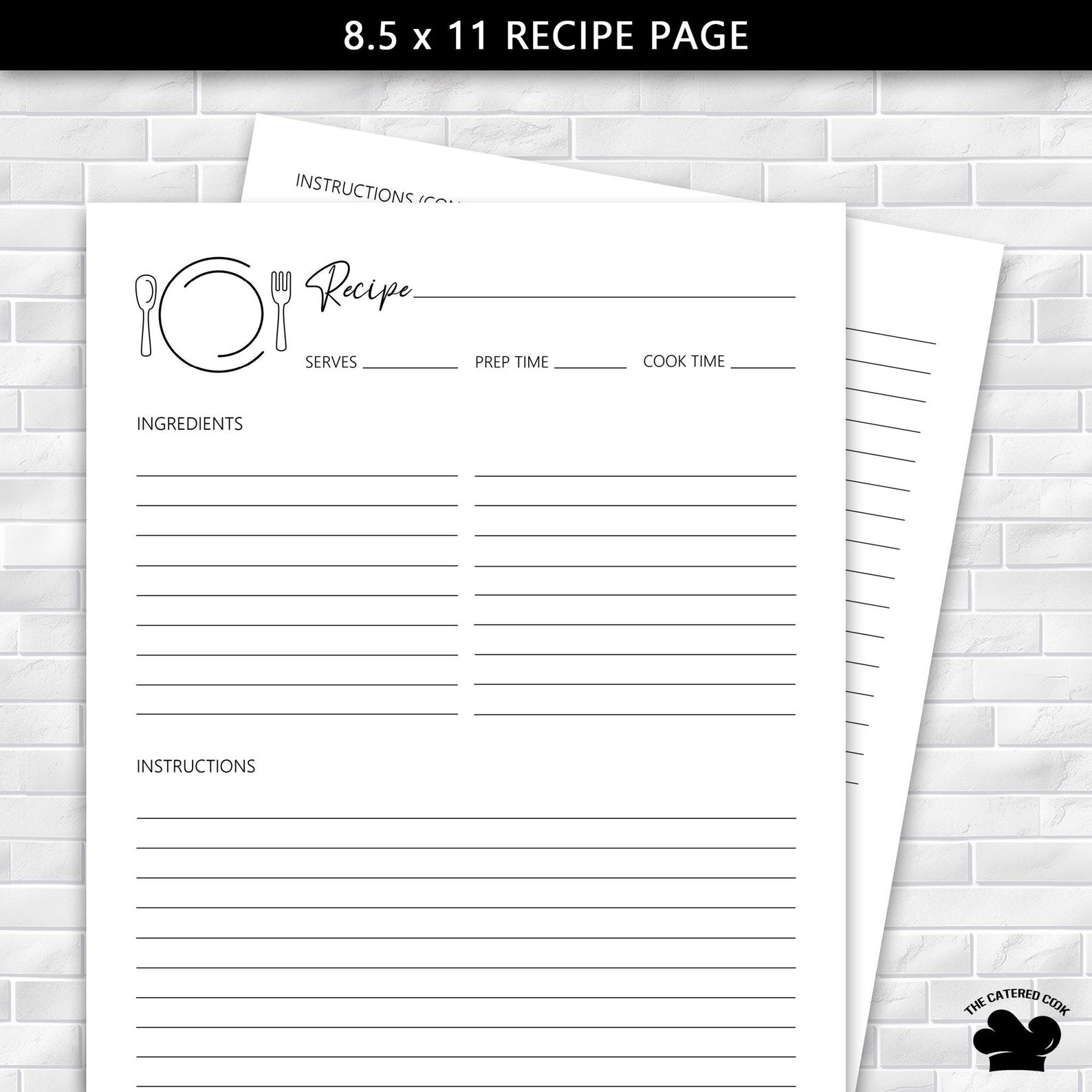Printable 8.5 X 11 Recipe Page With Plate Design, Fillable Form Recipe ...