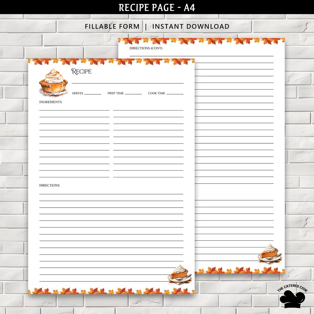 Printable A4 Recipe Page With a Pumpkin Pie Design, Fillable A4 Recipe ...