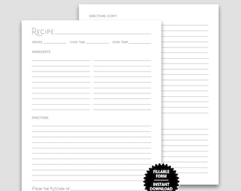 Printable 8.5 X 11 Recipe Page With a Fancy Style Title, Fillable ...