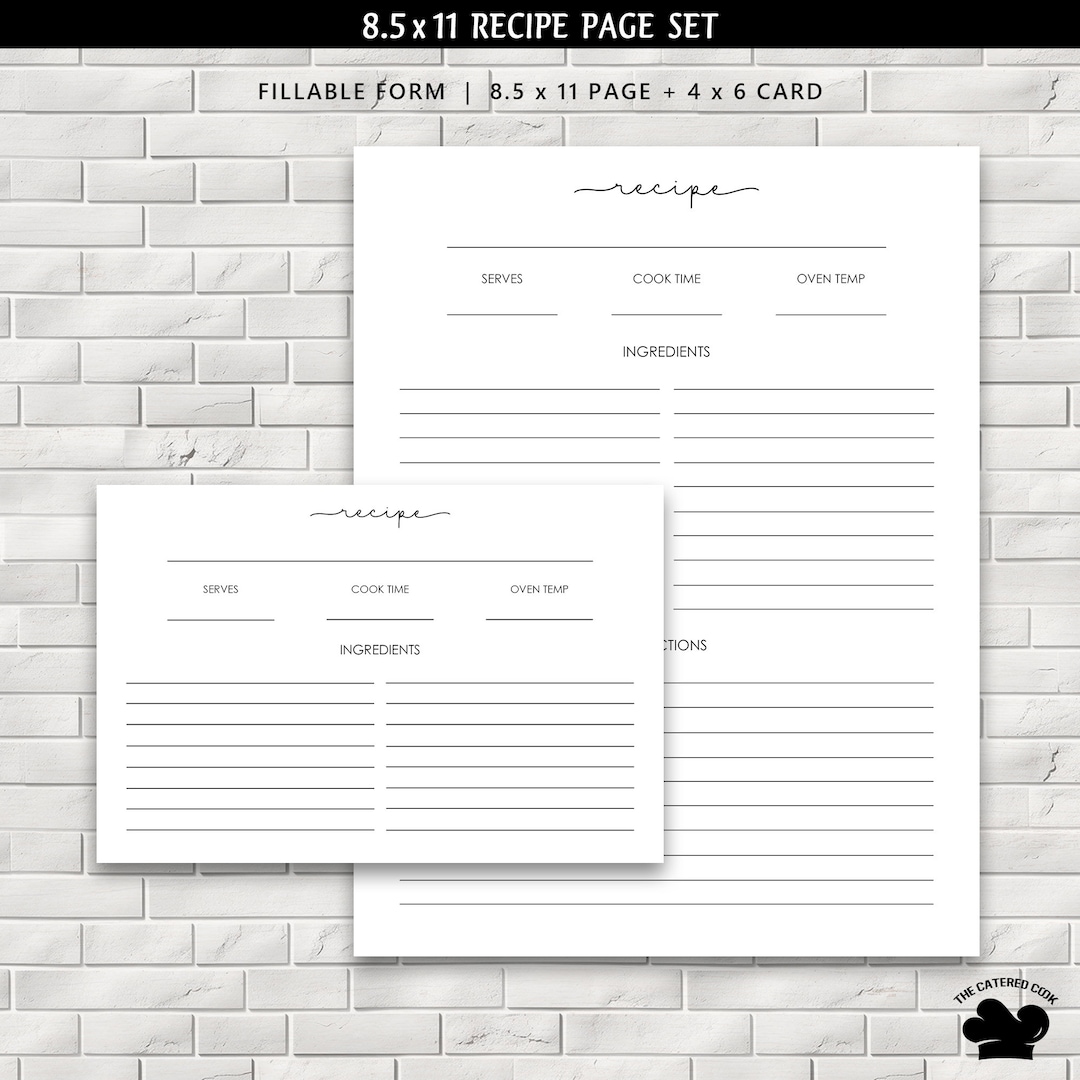 Printable 8.5 X 11 Recipe Page and Card Set With Fancy Title, Fillable ...