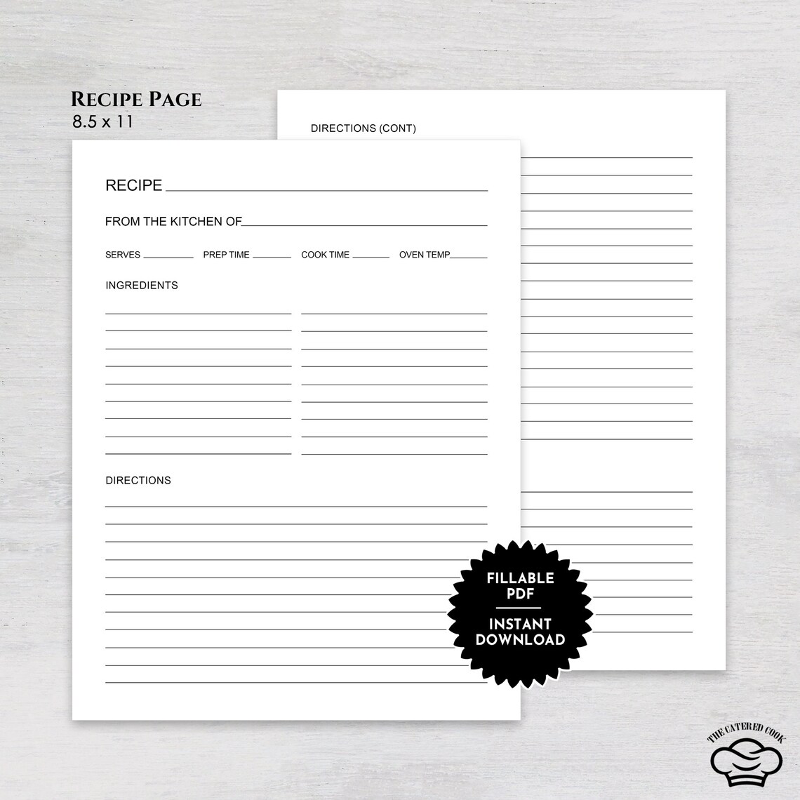 Printable 8.5 X 11 Recipe Page With Minimalist I Design, Fillable ...
