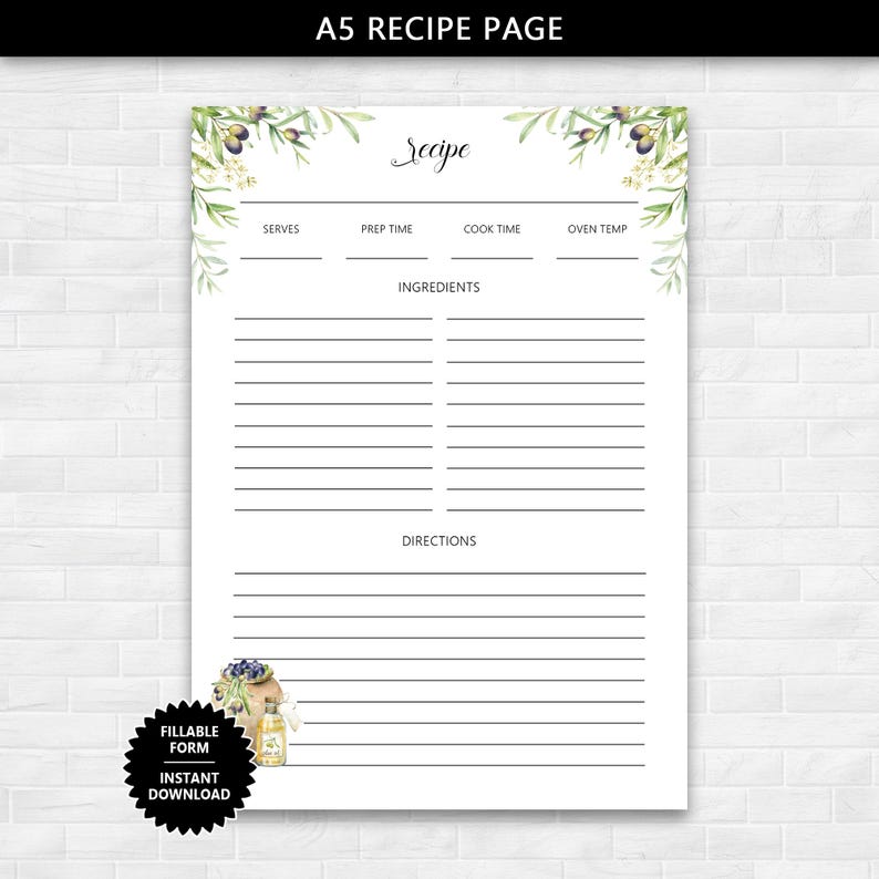 Printable A5 Recipe Page With Olive Tree Design, Fillable Recipe Page ...