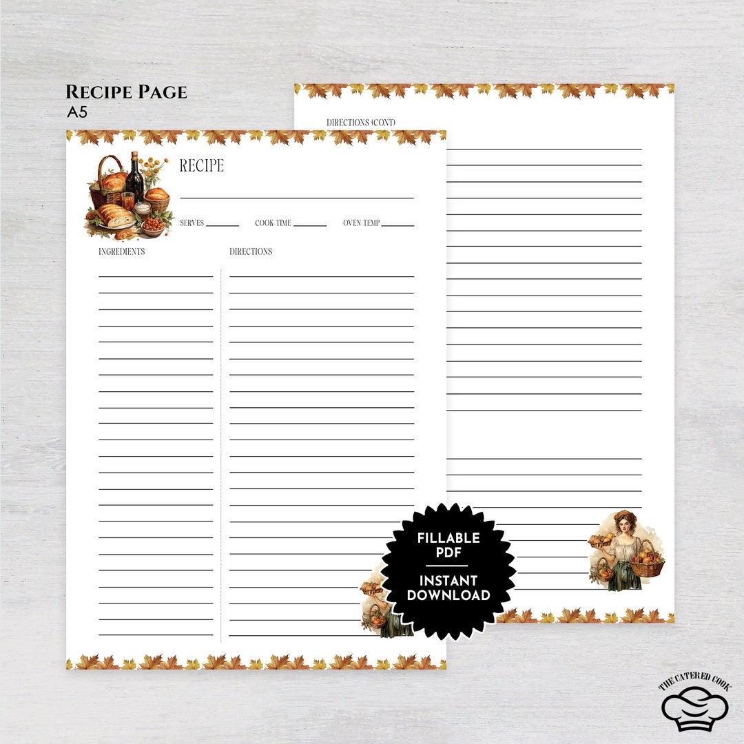 Printable A5 Recipe Page With a Food Basket and Drinks Design, Fillable ...