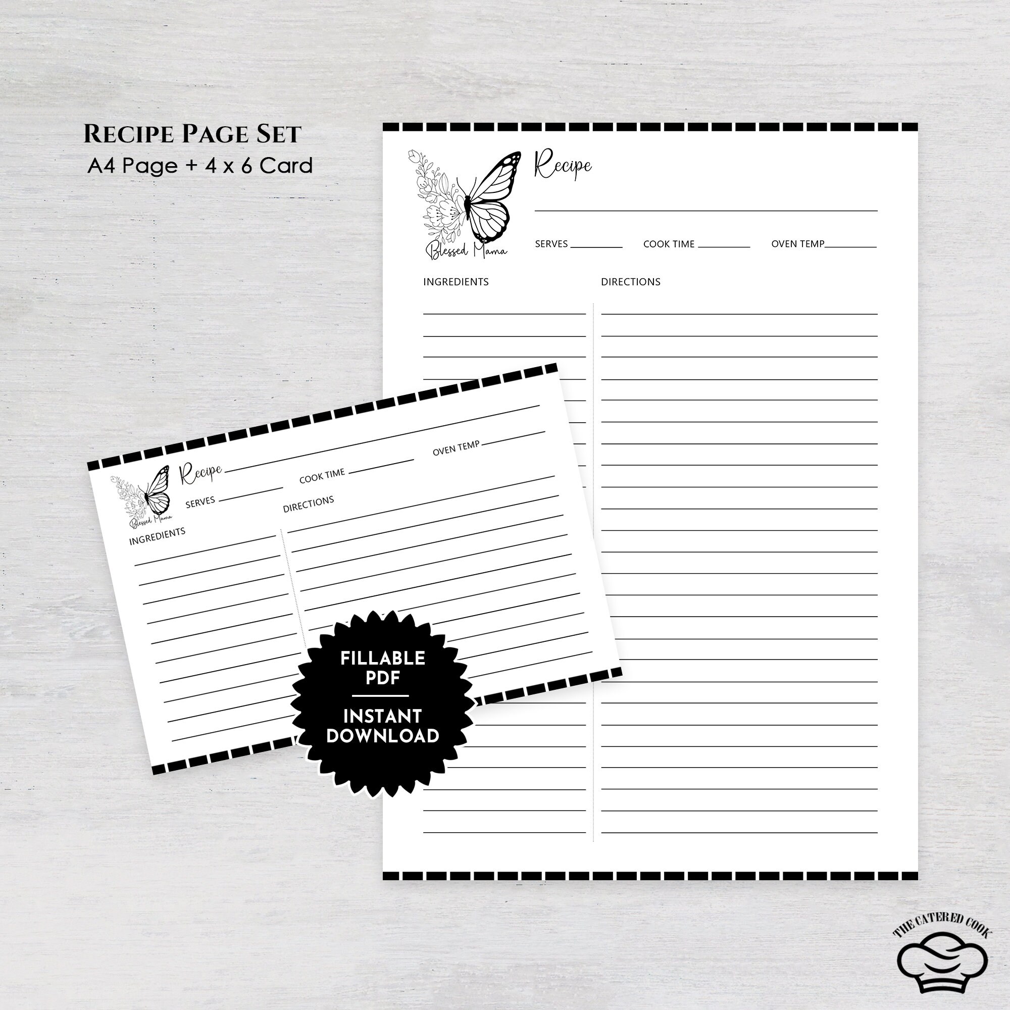 Printable A4 Recipe Page and Card Set With Line Art Butterfly, Fillable ...