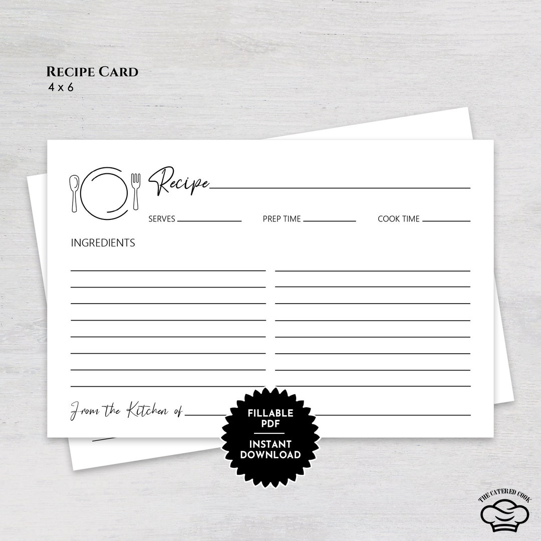 Printable 4 X 6 Recipe Card With Plate Design, Fillable Recipe Card ...