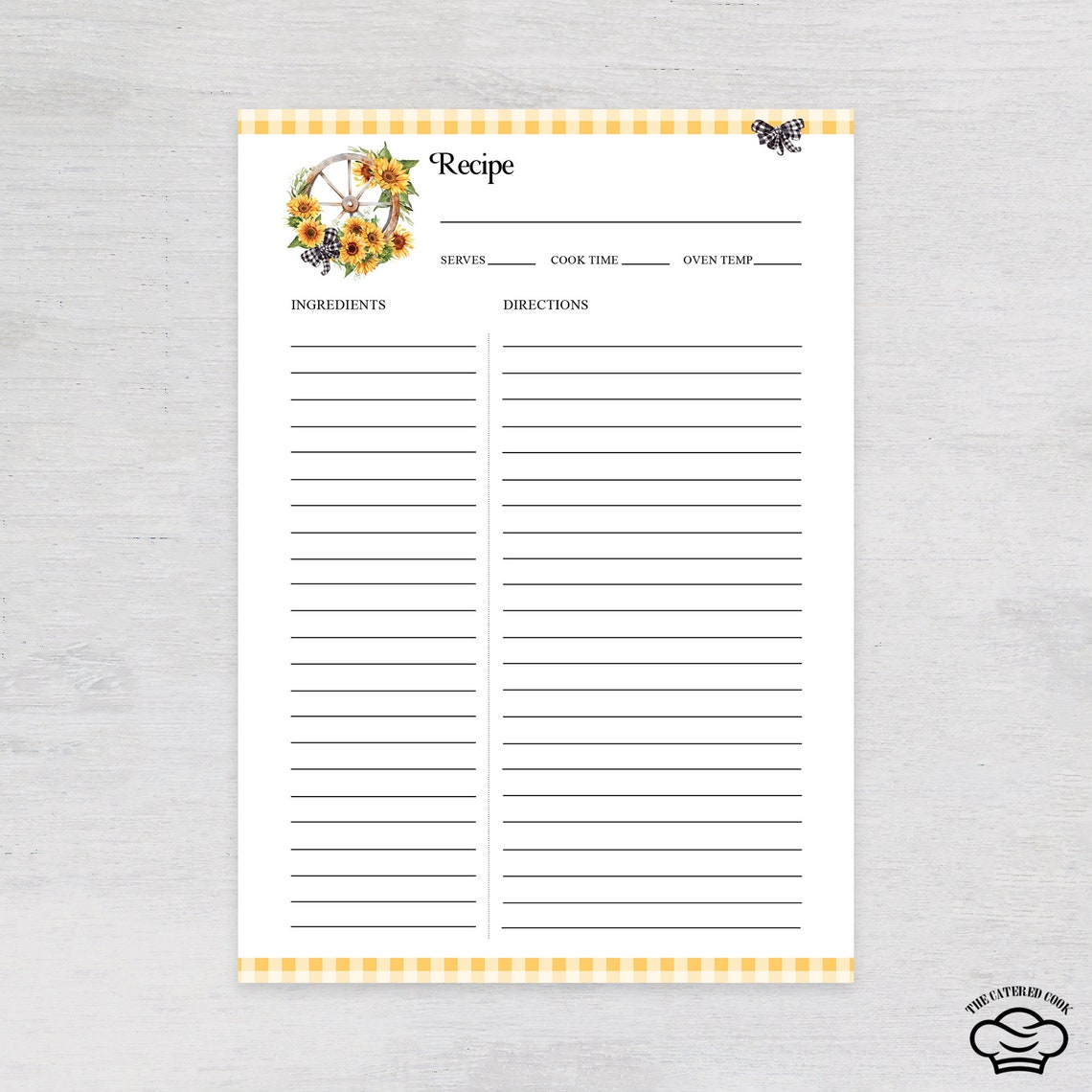Printable A5 Recipe Page and Card Set With Farmhouse Sunflowers ...