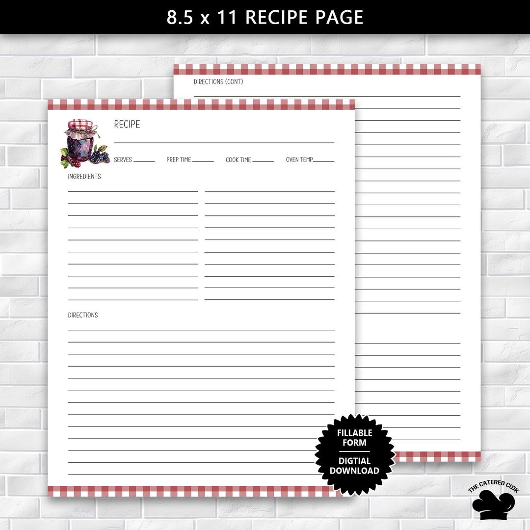 Printable 8.5 X 11 Recipe Page With a Berry Jam Design, Fillable Recipe ...