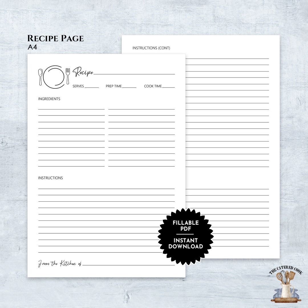 Printable A4 Recipe Page With Plate Design Fillable A4 Recipe - Etsy