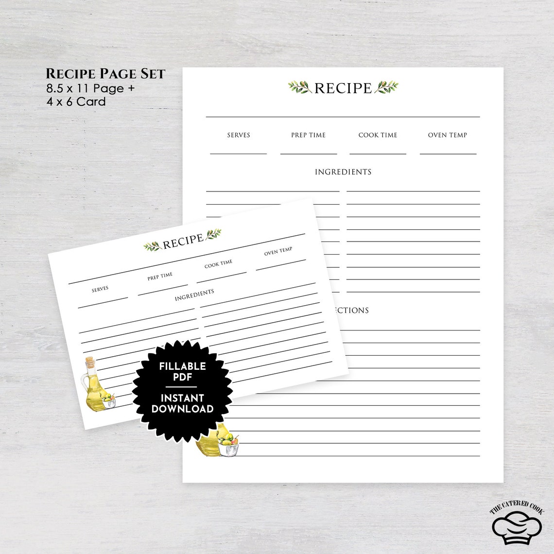Printable 8.5 X 11 Recipe Page and Card Set With Olive Oil Design ...