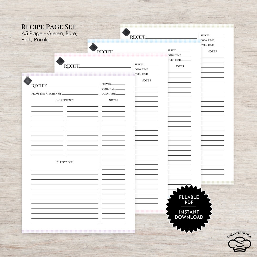 Four Printable A5 Recipe Pages With Gingham Border, Fillable A5 Recipe ...