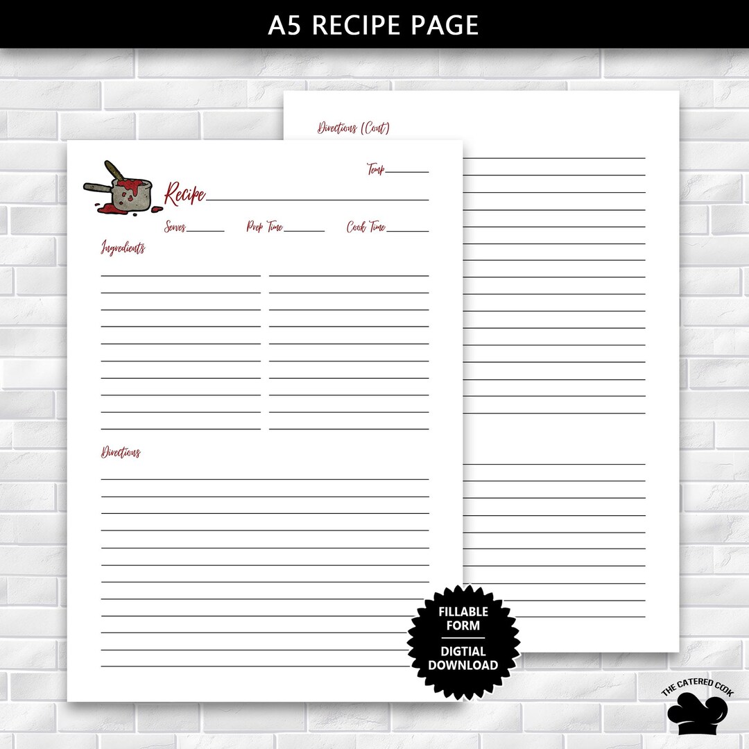 Printable A5 Recipe Page With a Cooking Pot Design, Fillable Form ...