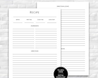Printable A4 Recipe Page With Plate Design, Fillable Form Recipe Page ...