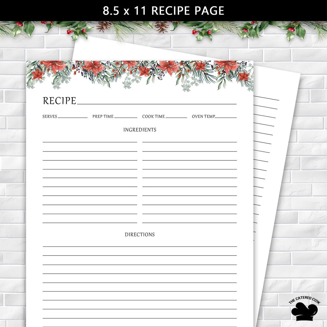 Printable 8.5 X 11 Recipe Page With Red Floral Header, Fillable 8.5 X ...