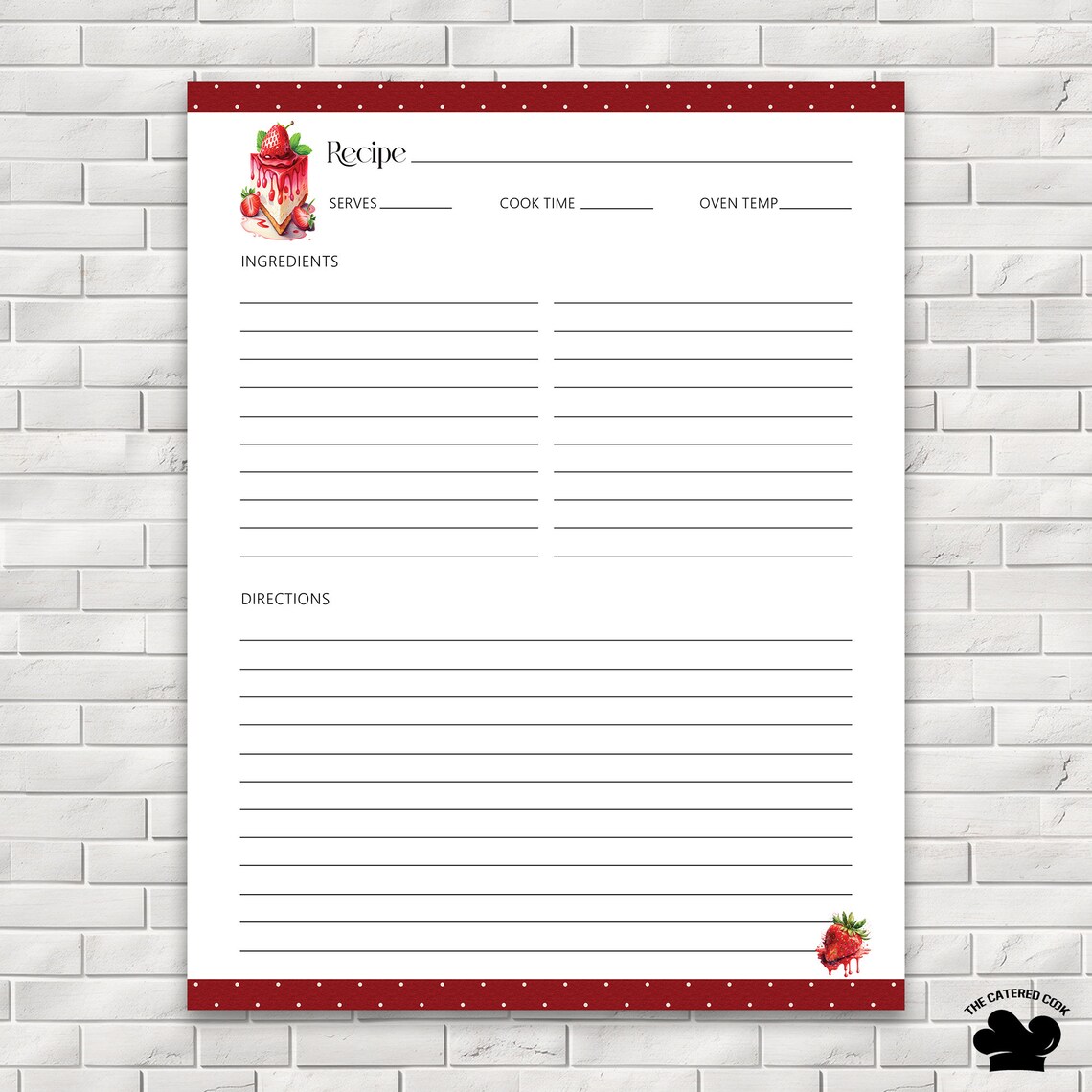 Printable 8.5 X 11 Recipe Page With Strawberry Cheesecake, Fillable 8.5 ...