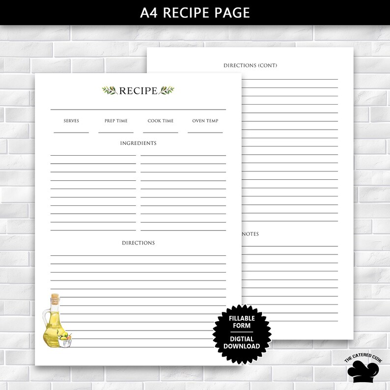 Printable A4 Recipe Page With Olive Oil Design, Fillable Form Recipe ...