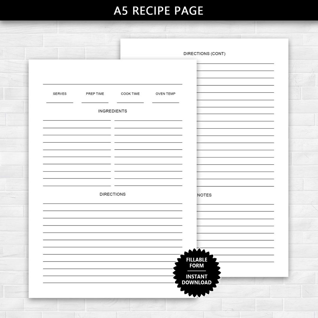 Printable A5 Plain Recipe Page With No Font at Top, Fillable Form ...
