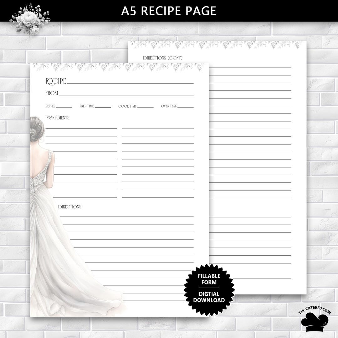 Printable A5 Recipe Page With Wedding Dress Design, Fillable A5 Recipe ...