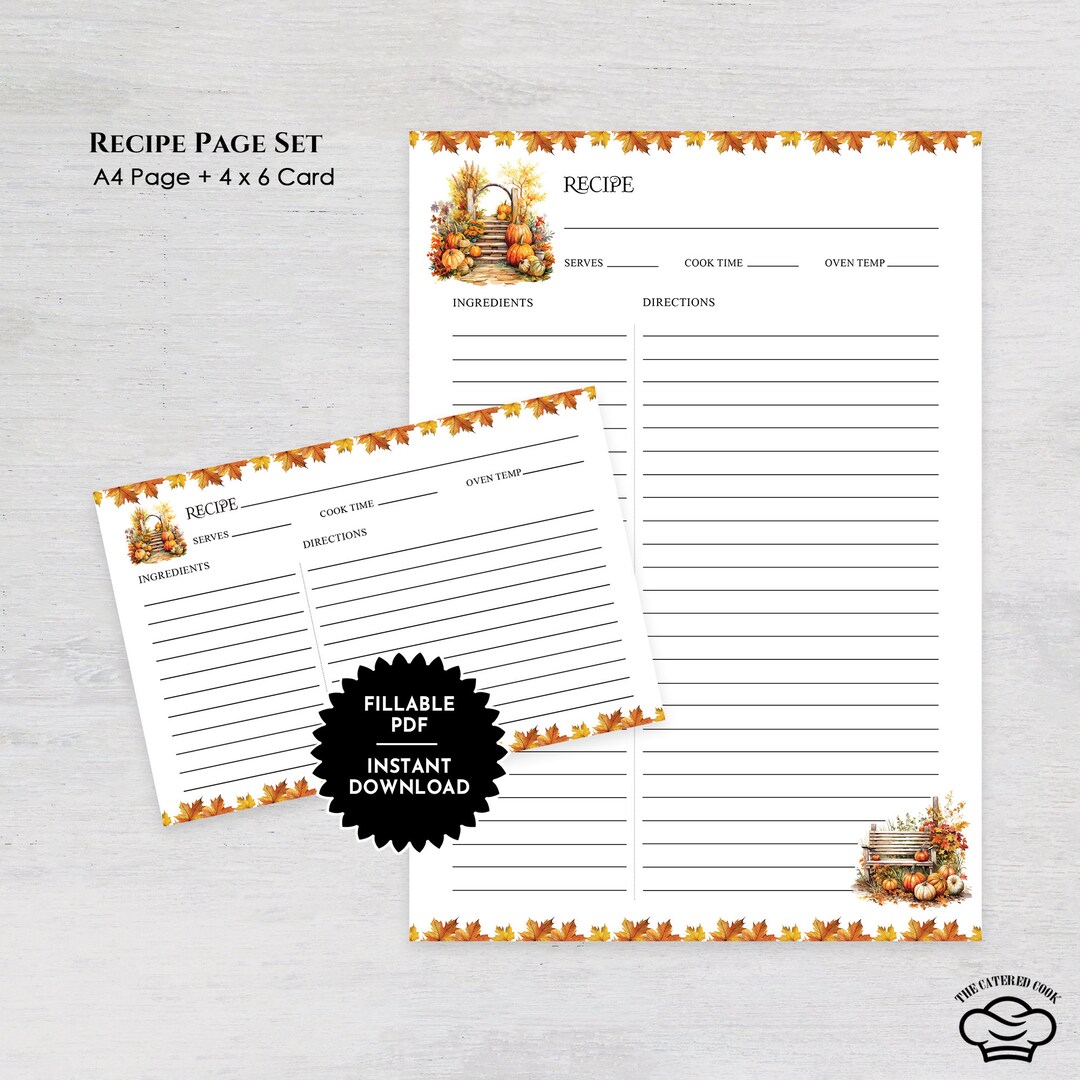 Printable A4 Recipe Page and Card Set With Fall Pumpkin Design ...