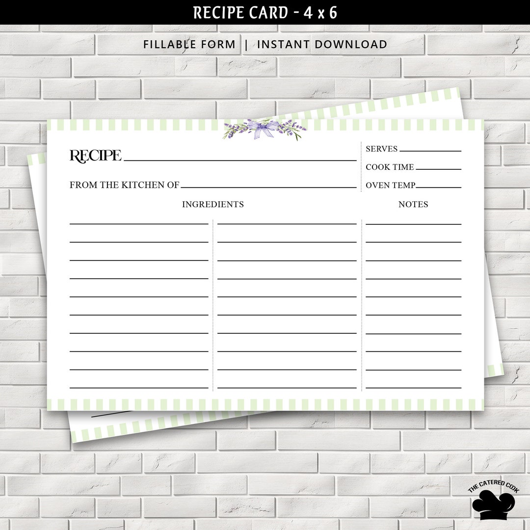 Printable 4 X 6 Recipe Card With Green Stripe Border, Fillable Recipe ...