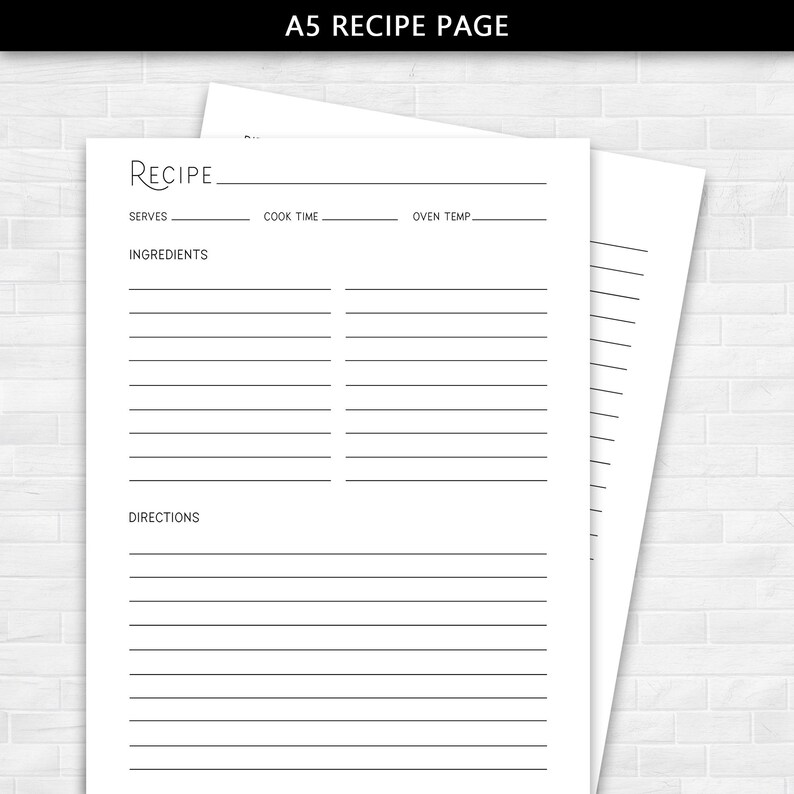 Printable A5 Recipe Page With a Stylish Title, Fillable Form Recipe ...