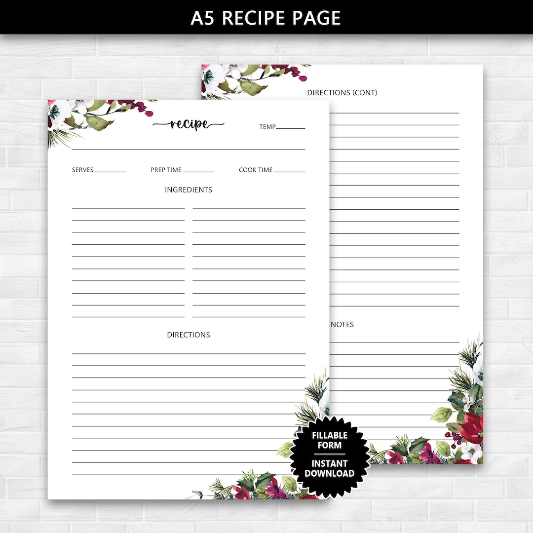 A5 Recipe Page With Beautiful Red Floral Christmas Borders, Fillable ...